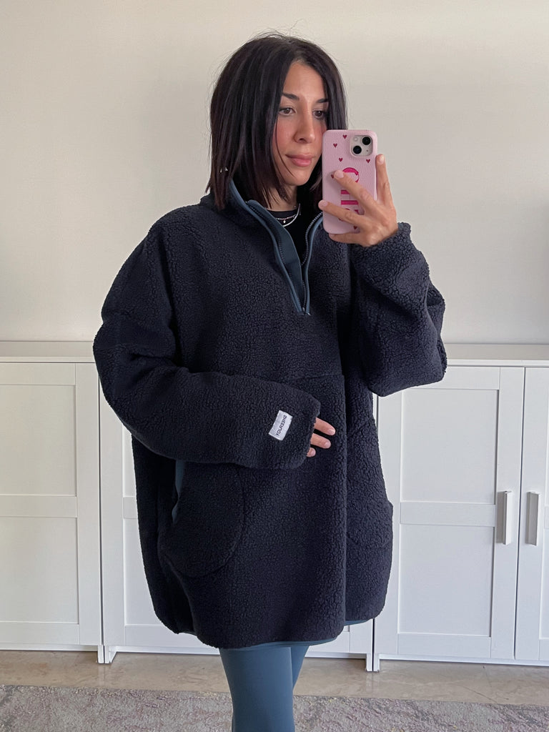 Teddy Navy/ Ocean Blue Piping half zip fur – Sheer Sin